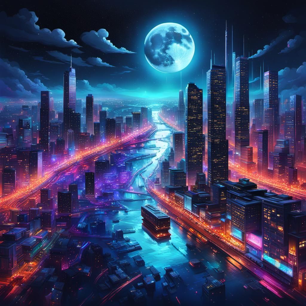 city, night, neon lights, starry sky, moon - AI Generated Artwork ...