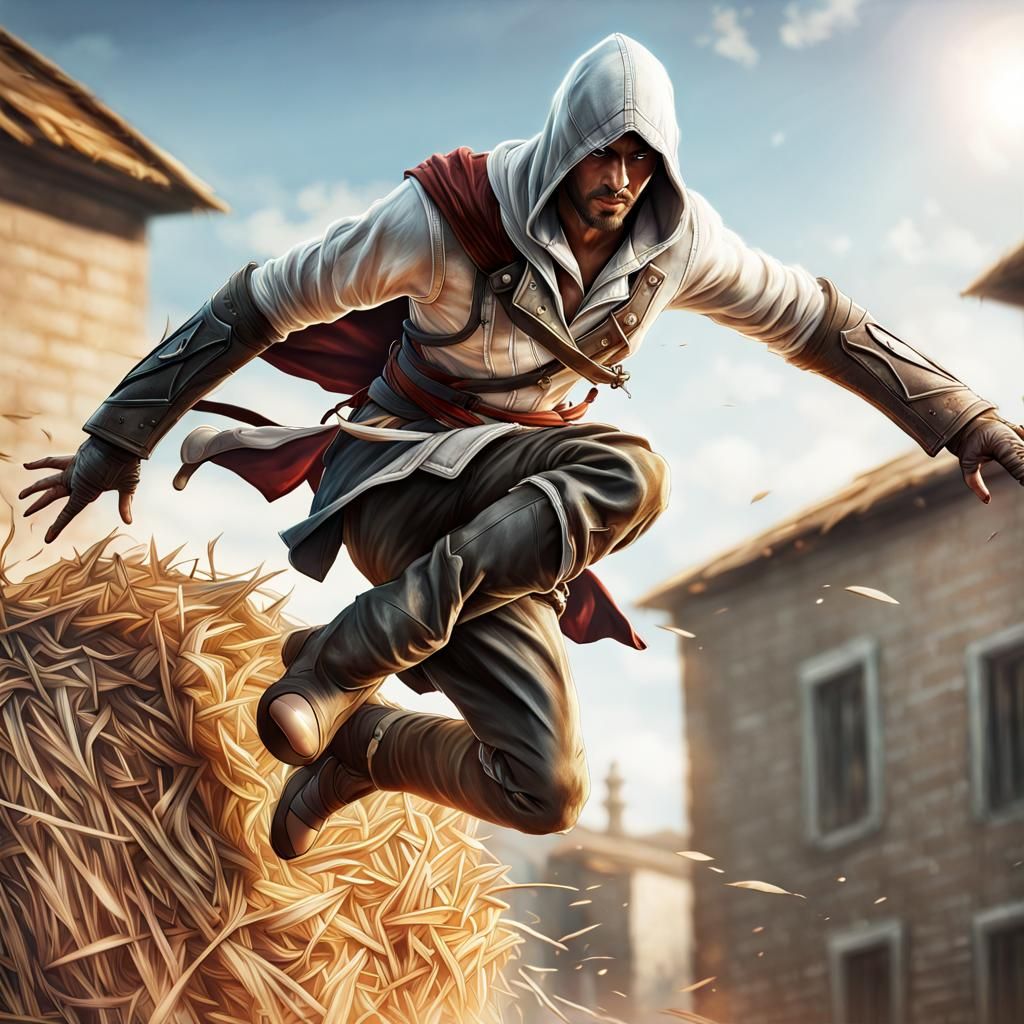 Hooded Assassin from Assassin's Creed Jumping from rooftop into hay ...