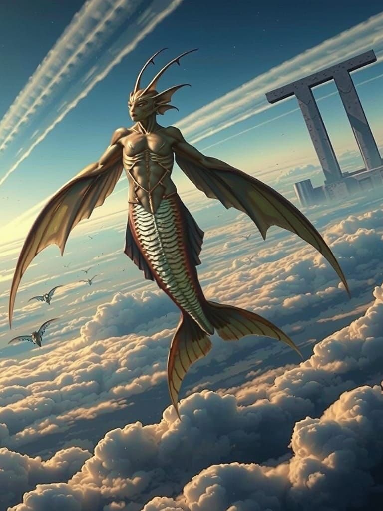 Merman in Jovian Flight, Cyberpunk Sci-Fi Illustra... - AI Art