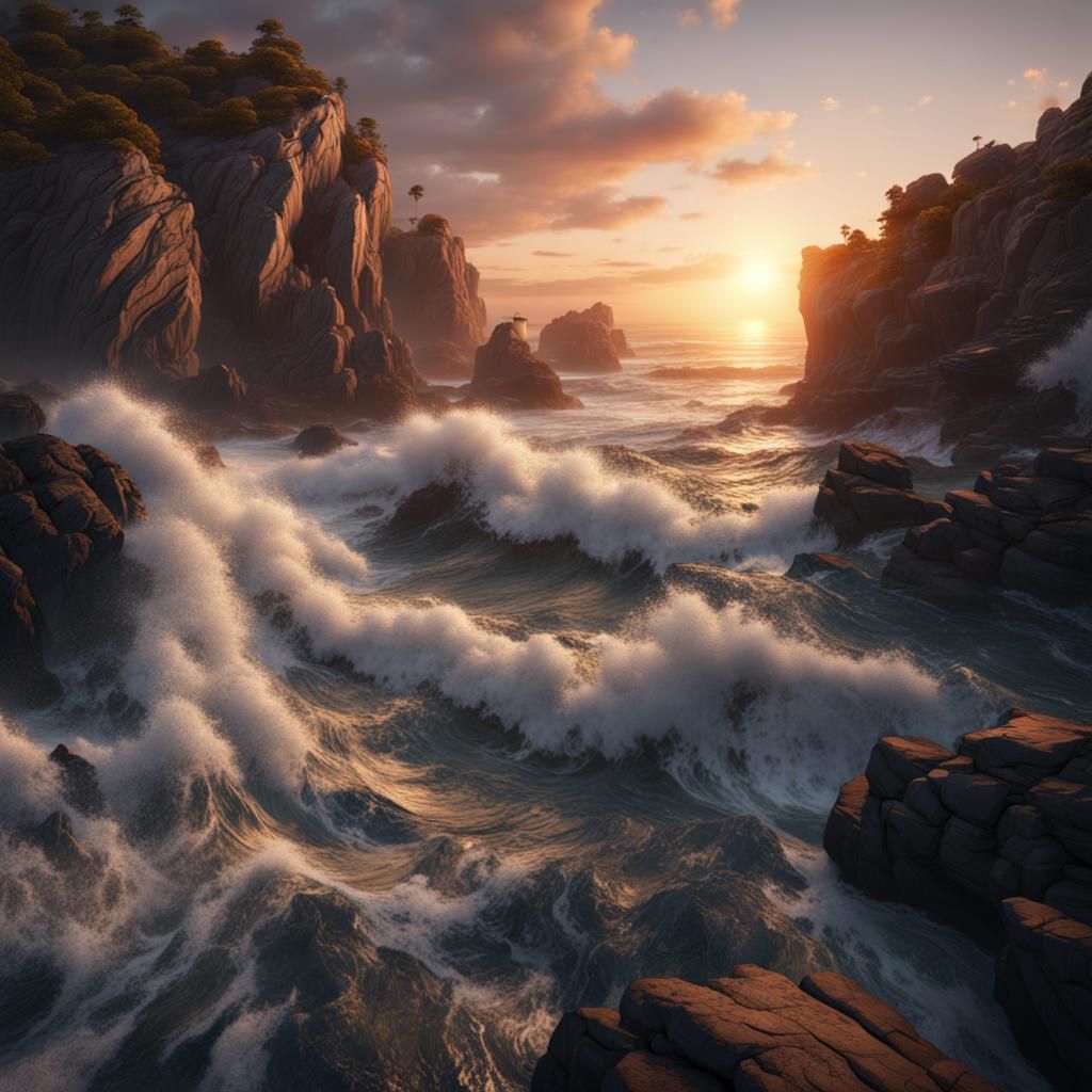 Rough sea at sunset - AI Generated Artwork - NightCafe Creator