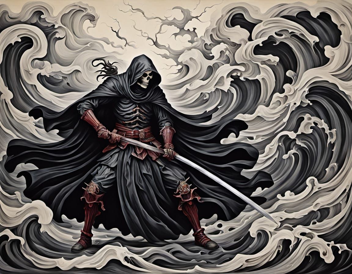 Cyberpunk Reaper Battles the Sea in a Vibrant Baro... - AI Art