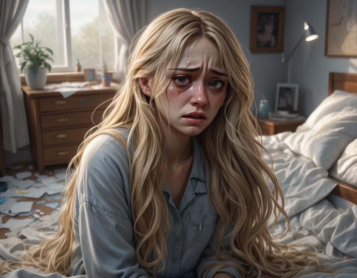 A girl heartbroken in bedroom crying to herself sad blonde long wavy hair with big beautiful ...