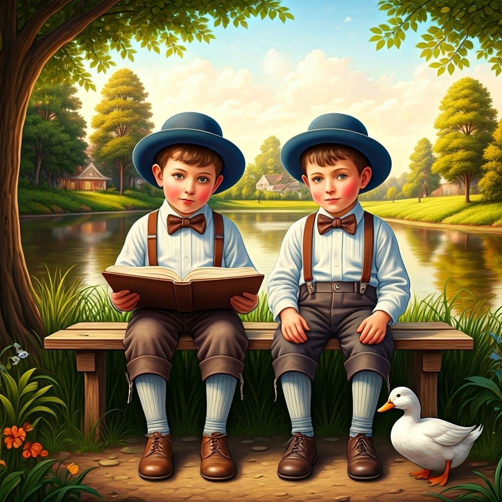 Image is a vintage-style painting depicting two Haredi Hasidic children ...