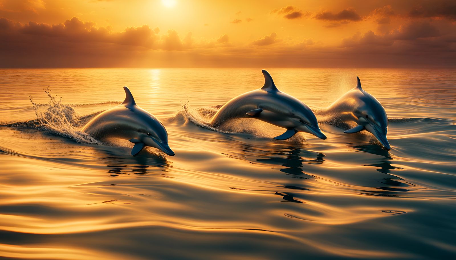dolphins gracefully swimming through a sea of liquid gold. Picture the dolphins illuminated by a ...