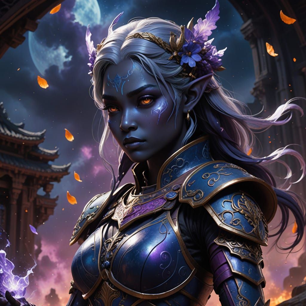 Ethereal Drow Elf Samurai in Nebula-Inspired Cyber... - AI Art