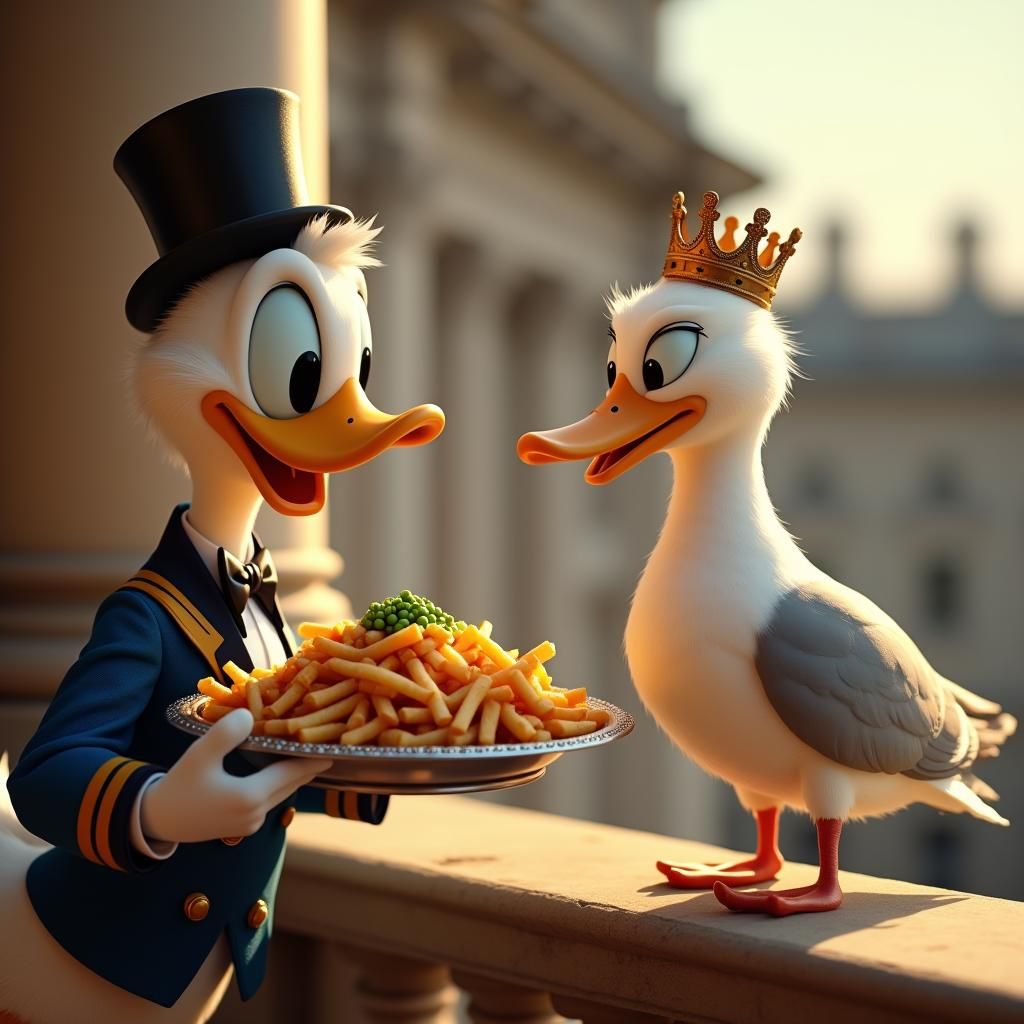 Donald Duck serves a silver platter of fish and chips with mushy peas ...