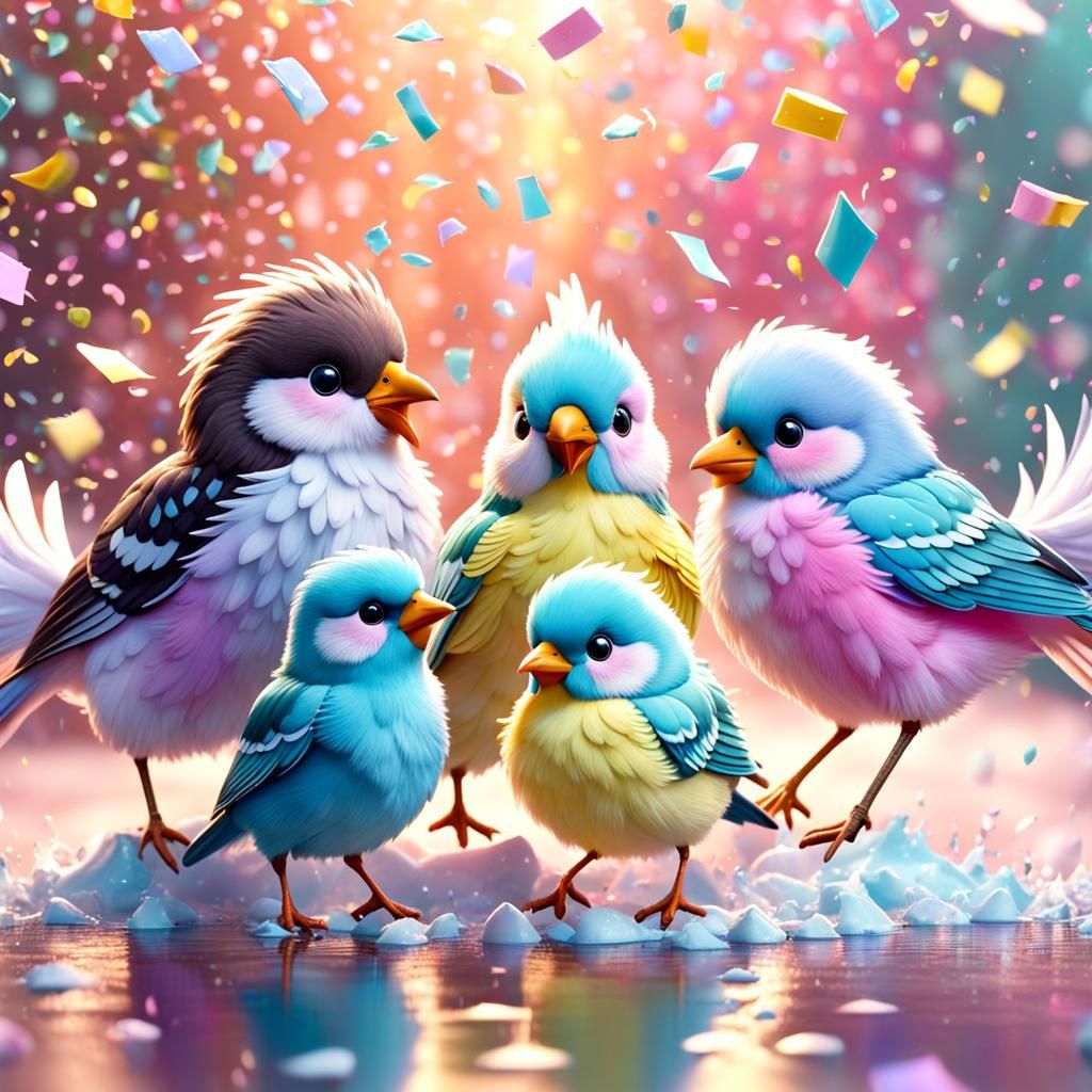 cute birds in confetti rain - AI Generated Artwork - NightCafe Creator