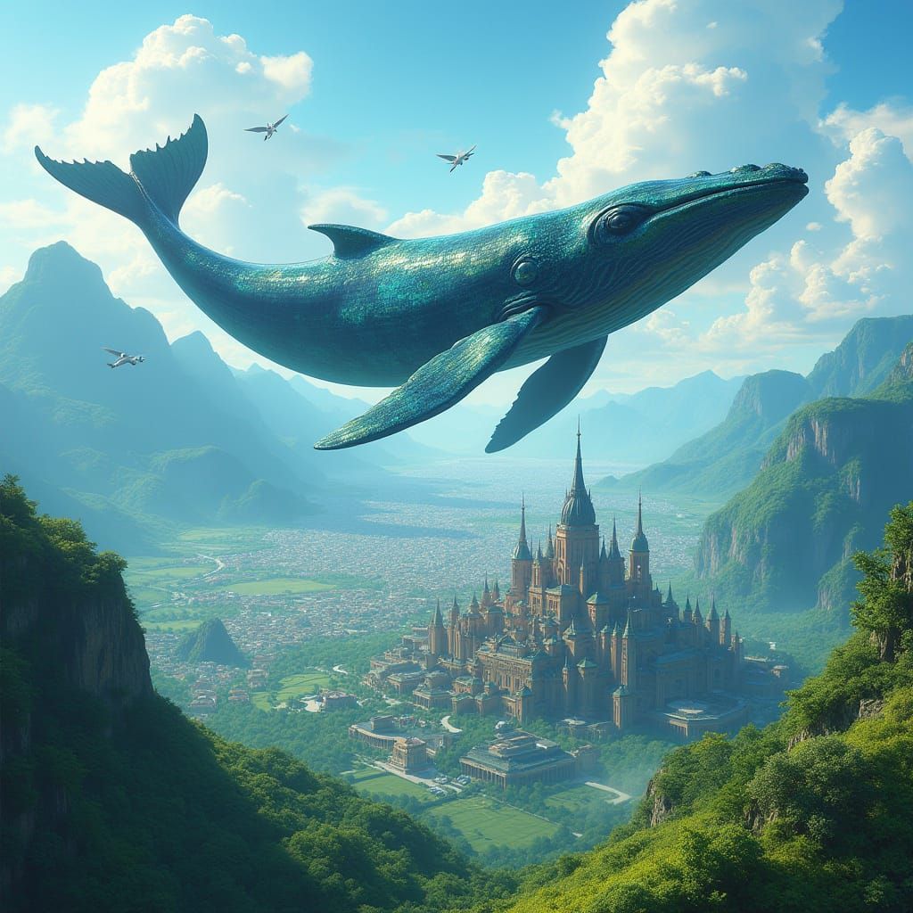 Floating Whale - Fantastical Cityscape with Whale Amidst Gr...