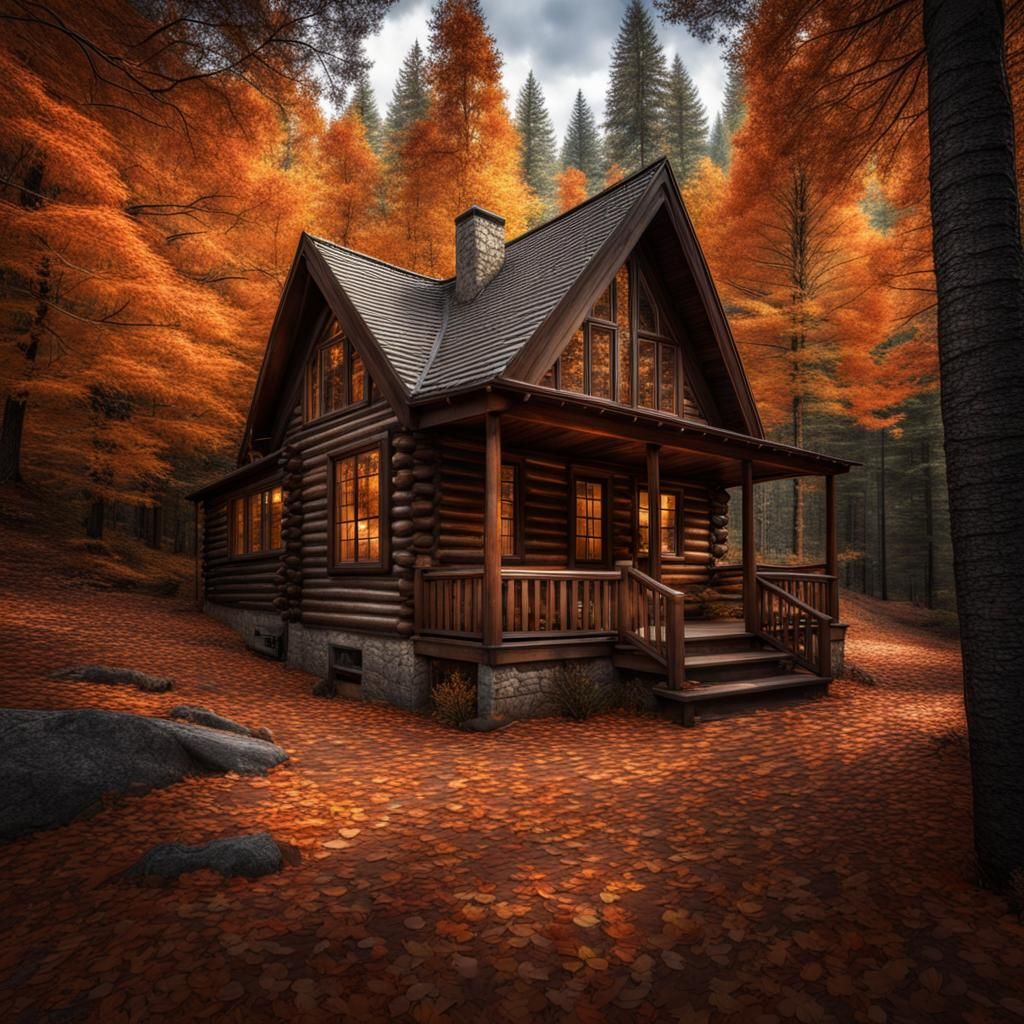 a cozy cabin in the woods surrounded by pine trees and autumn leaves ...
