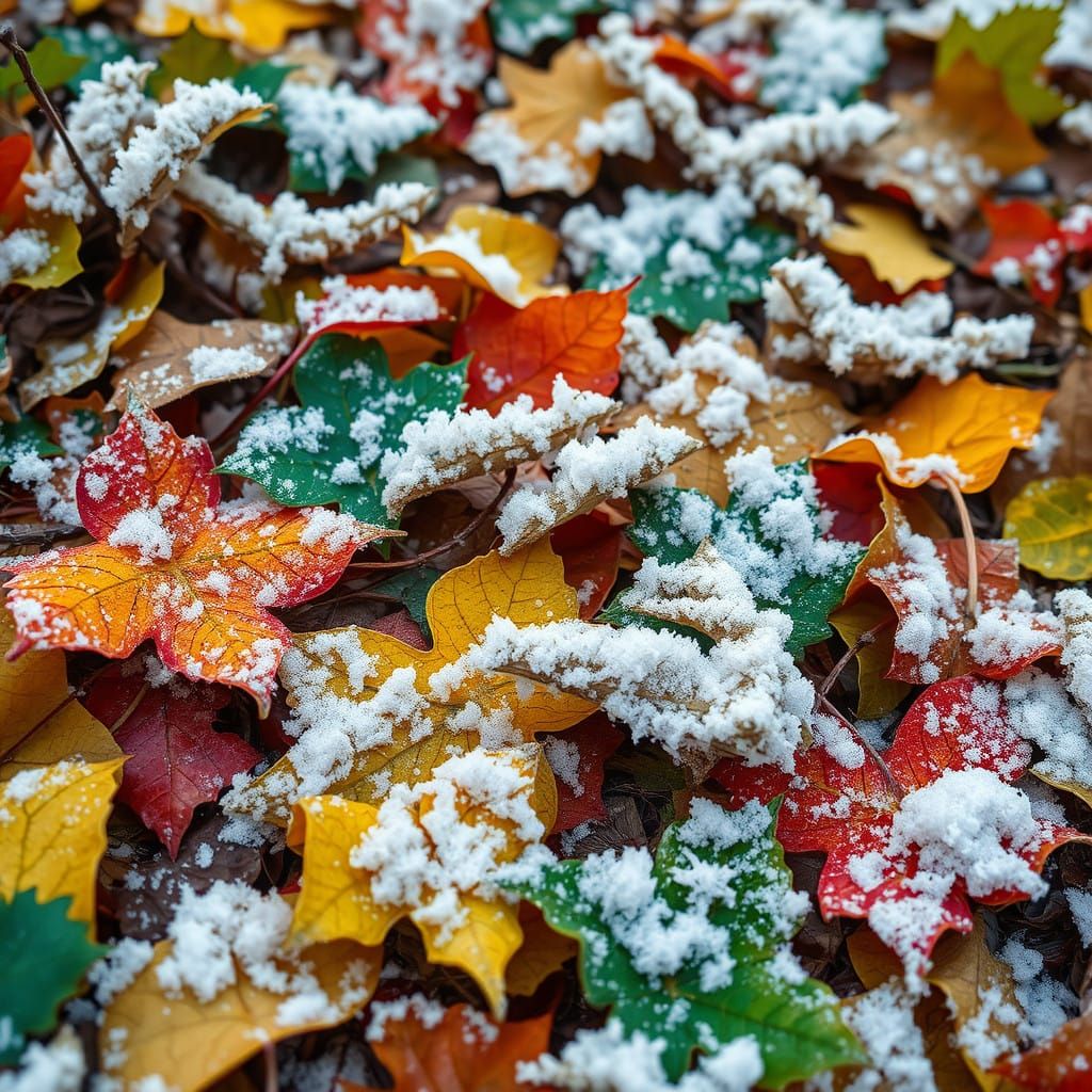 Photo of snowy leaves from a tree on the forest floor during spring