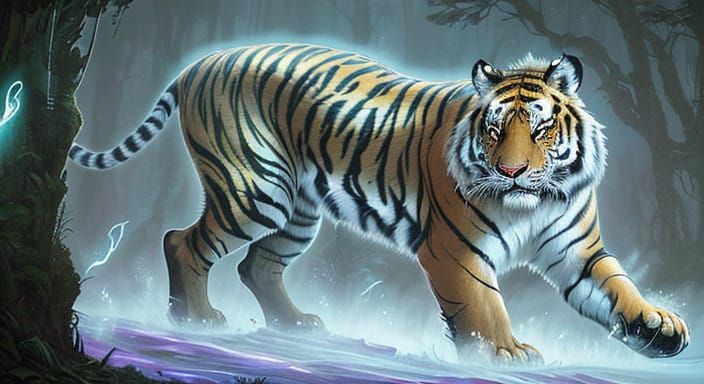 Enchanted Tiger in Whimsical Dreamscape, Cyberpunk... - AI Art