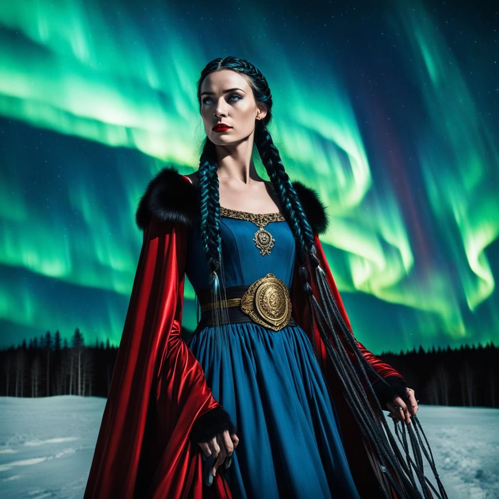 Beautiful, young, tall and thin princess Brunhild with very long blue ...