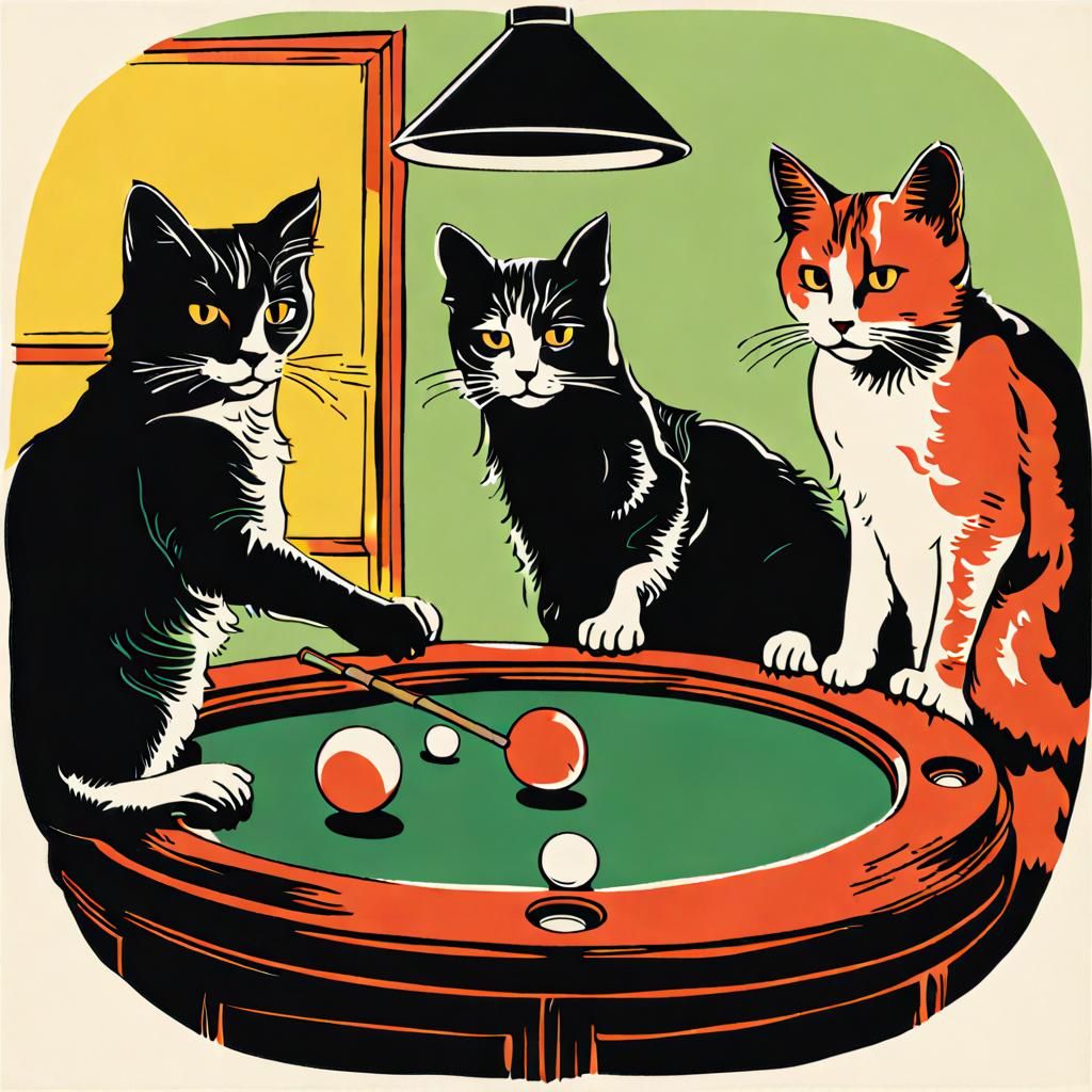 four color screenprint of cats playing pool - AI Generated Artwork ...