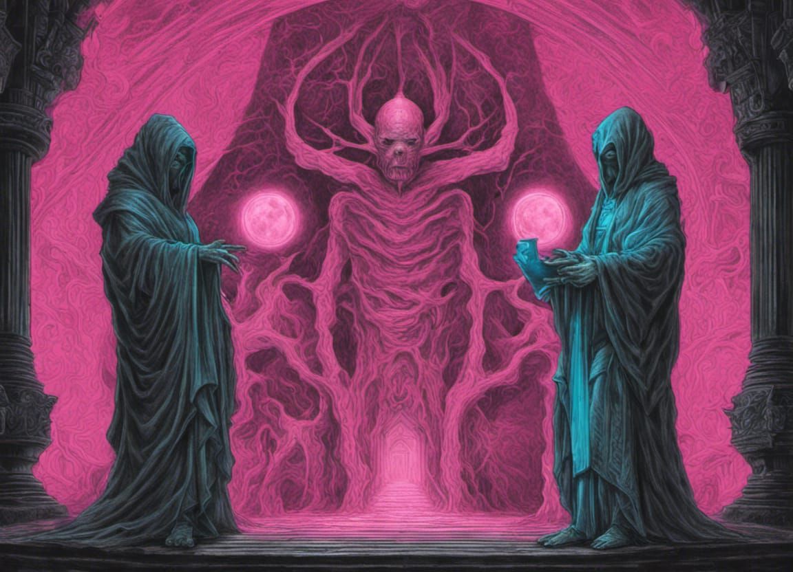 insectoid monks inside of an eldritch organic temple synthwave neon ...