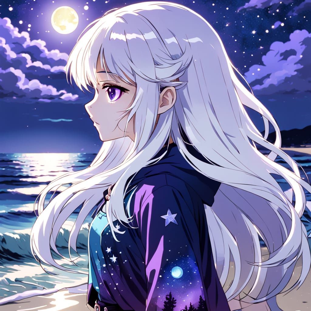 Anime Girl on Beach at Night in Studio Trigger Sty... - AI Art