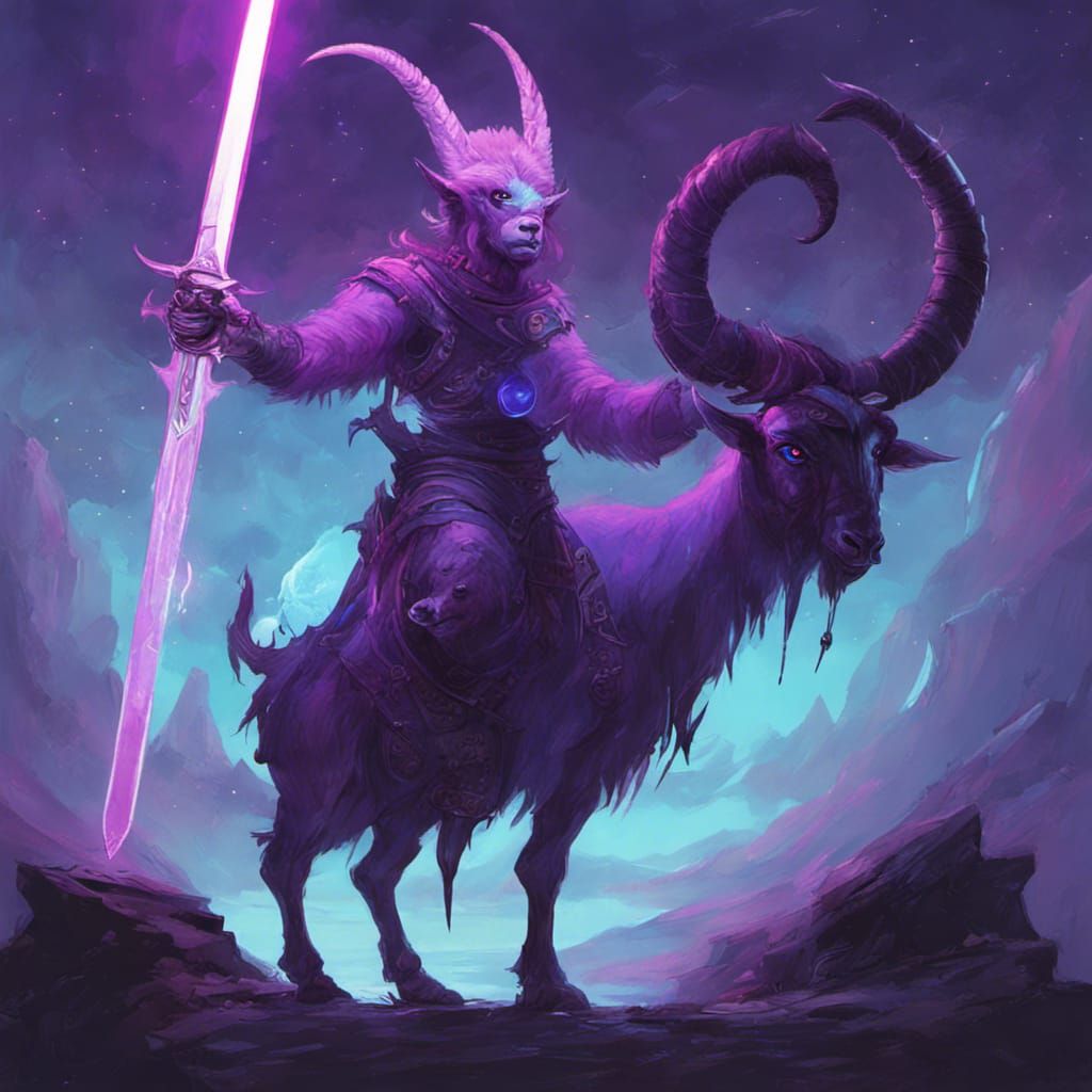 , glowing blue sword, space ship, purple goat demon, 80's fantasy - AI ...