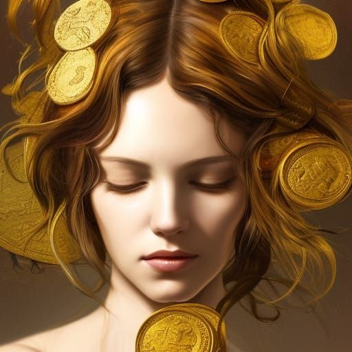 Woman with gold coins in hair - AI Generated Artwork - NightCafe Creator