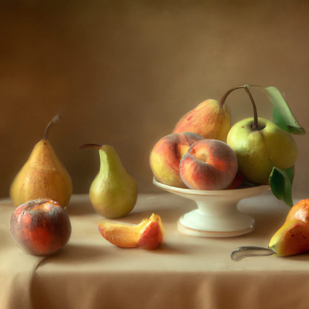 a still life with peaches and pears in the style of Tim Walters - AI ...
