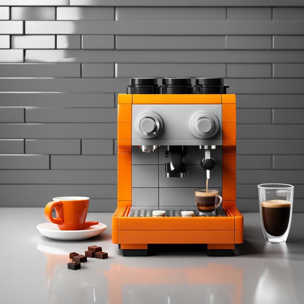 Design the nicest espresso machine in Lego, orange and grey Colors. In ...