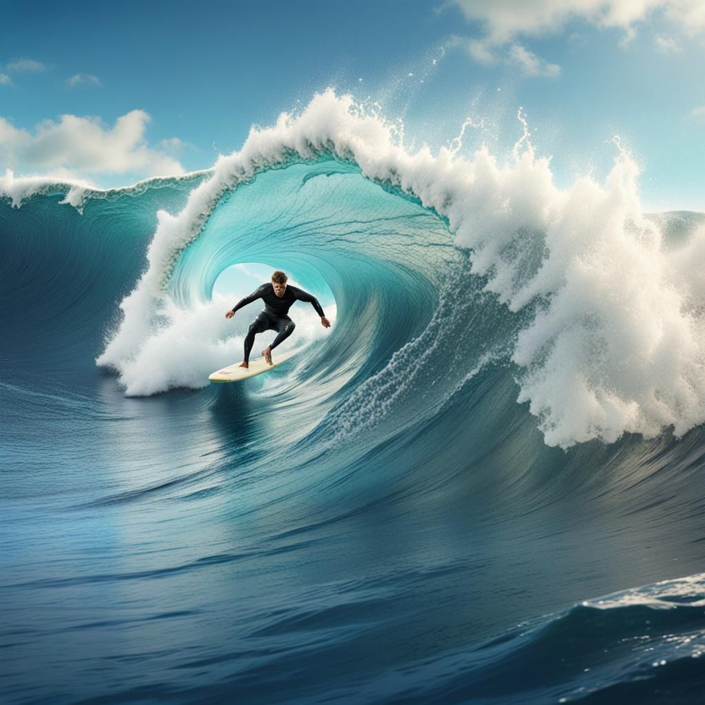 A surfer surfing on the waves of Hawaii, realistic and detailed style ...