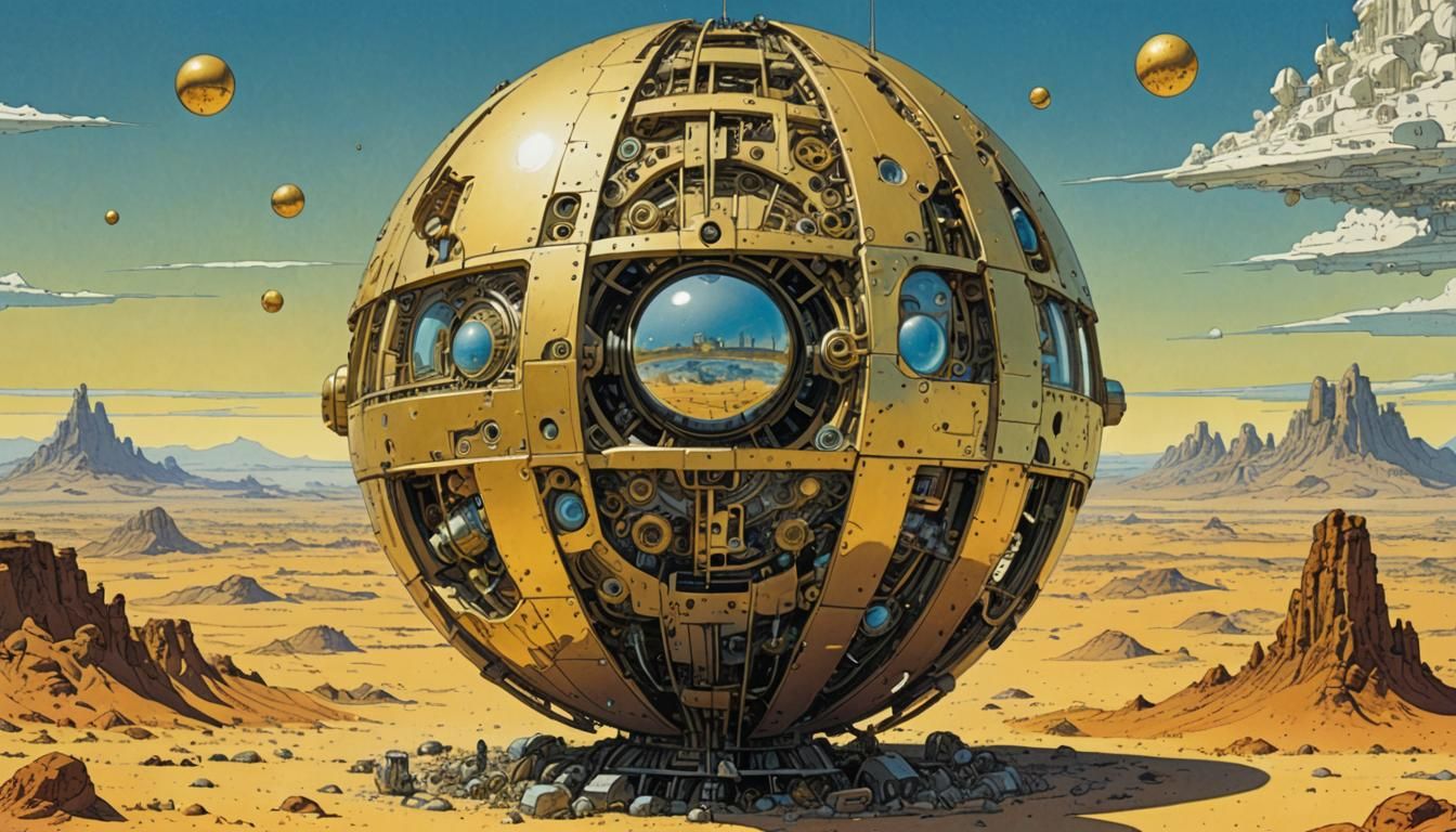 a mechanical sphere floating over a Golden and silver desert, 1970's ...