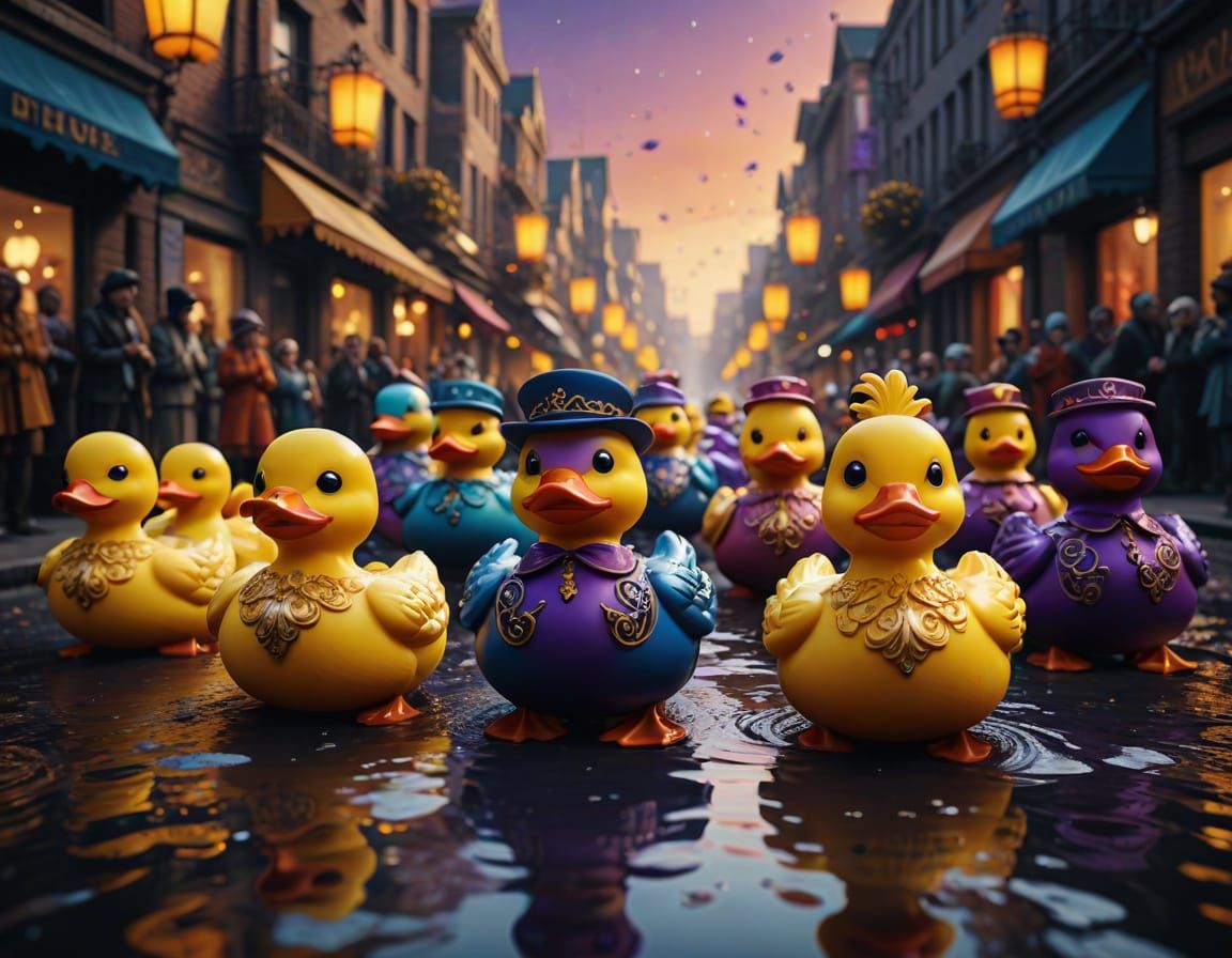 Fantasy Parade of Rubber Ducks in Vibrant Cityscap... - AI Art