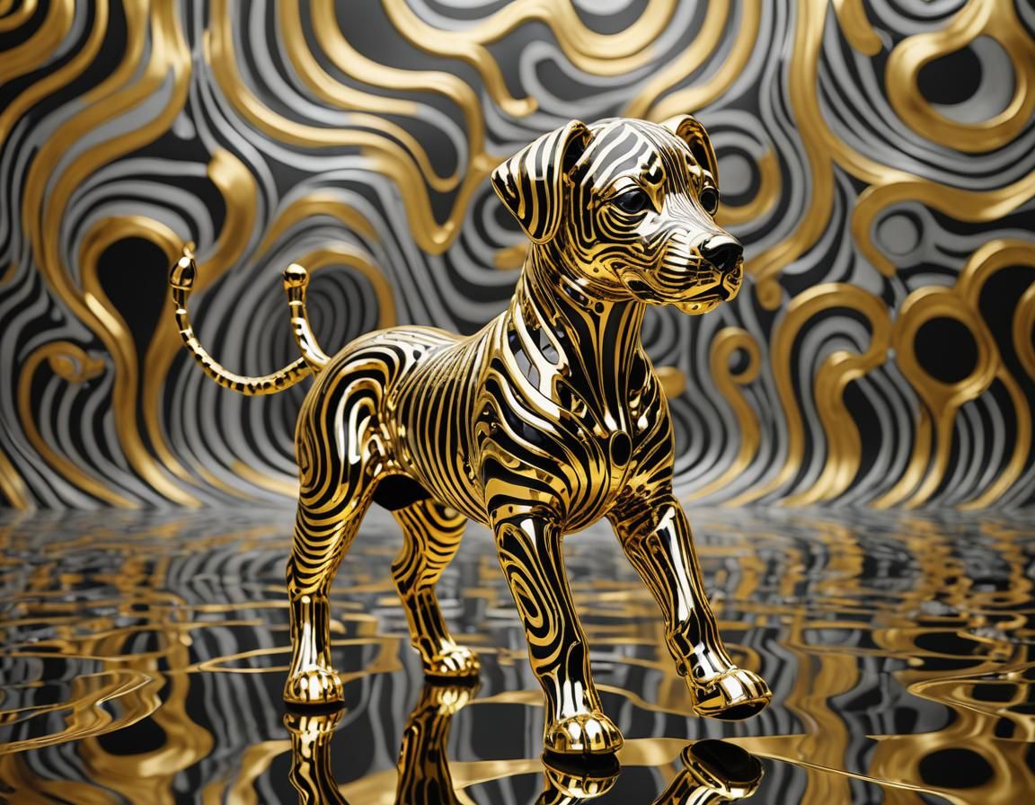 Nordic baby walking a gold zebra dog, digital art, by victor vasarely ...