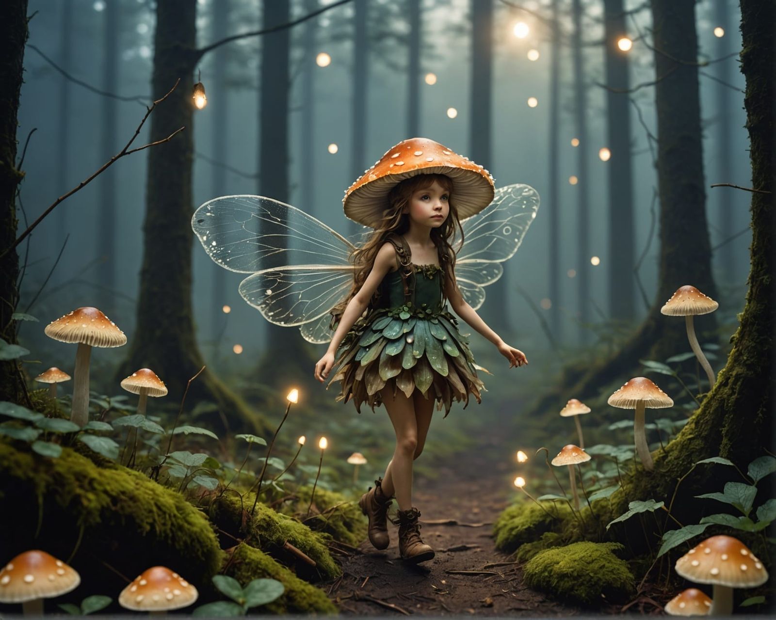 An inkcap mushroom fairy walking through a misty forest a twilight with ...