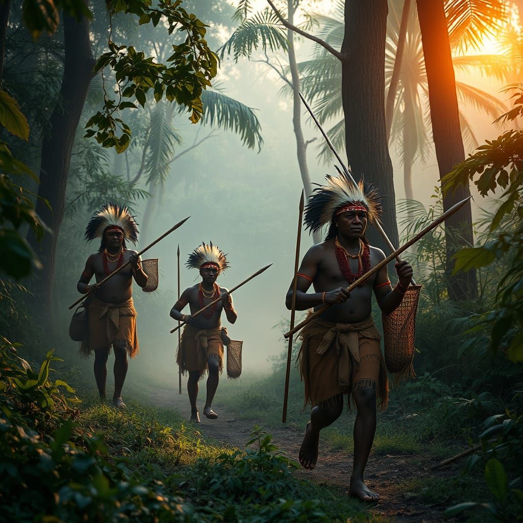 Ancient Hunters Move Stealthily Through Lush Tropi... - AI Art