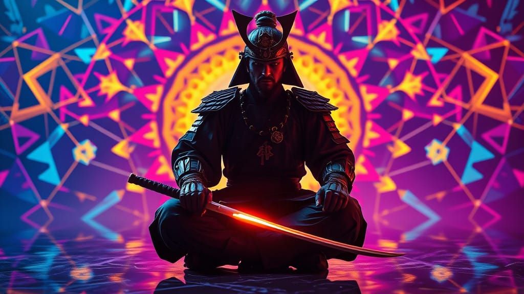 samurai - Surreal Samurai Meditates in Vibrant Psychedelic...