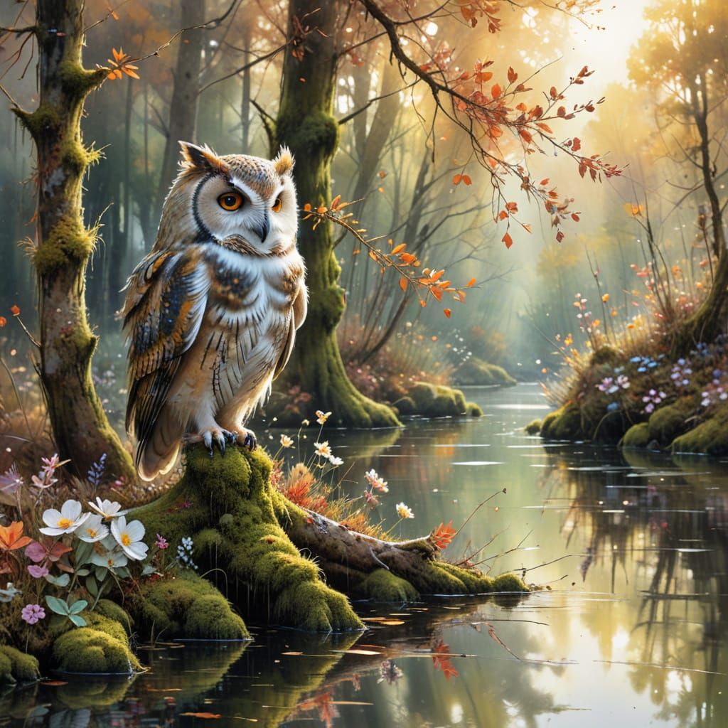 Surreal Autumn Forest Scene with Owl Perched on Mo... - AI Art