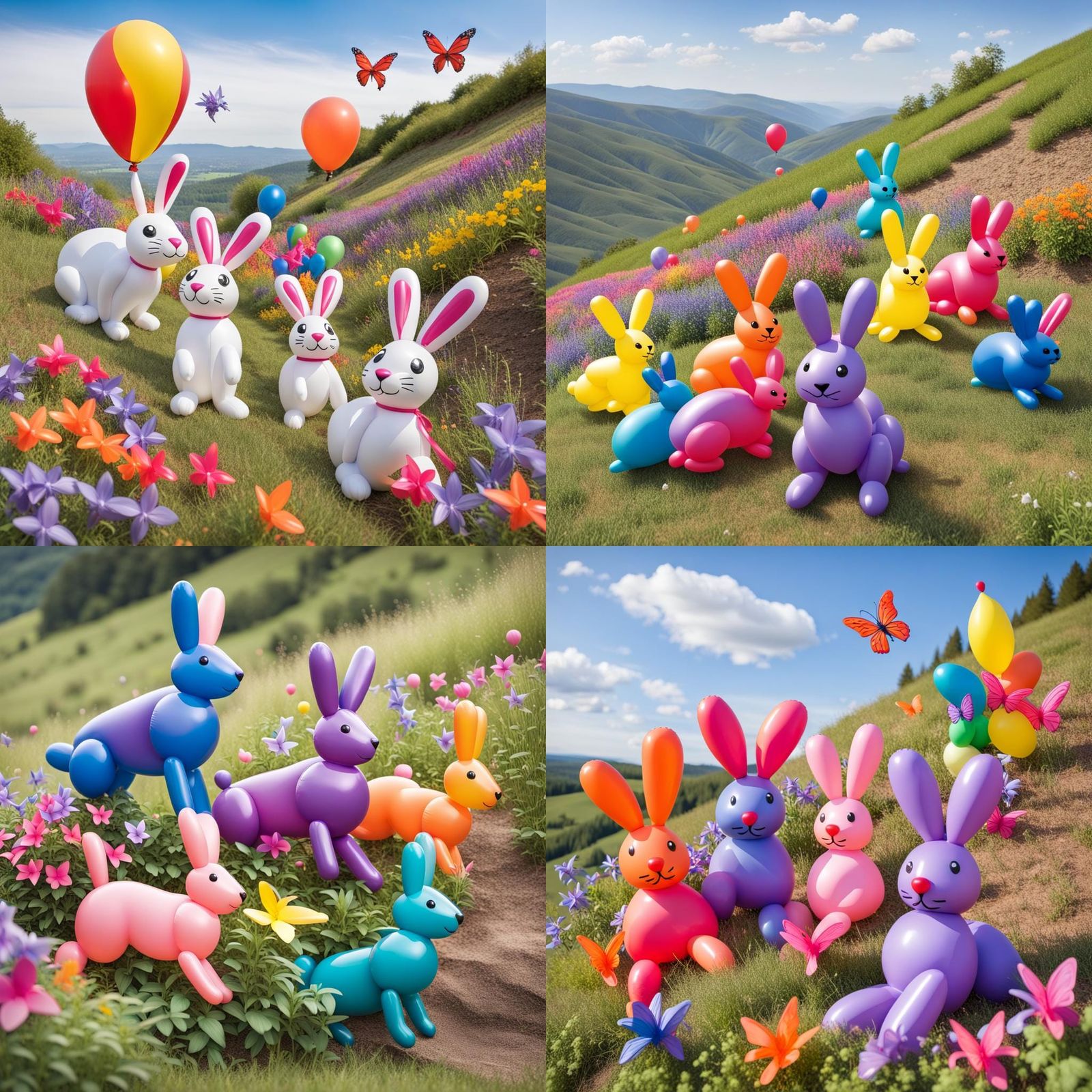 family of balloon animal rabbits, multicolor, hopping around a hillside ...