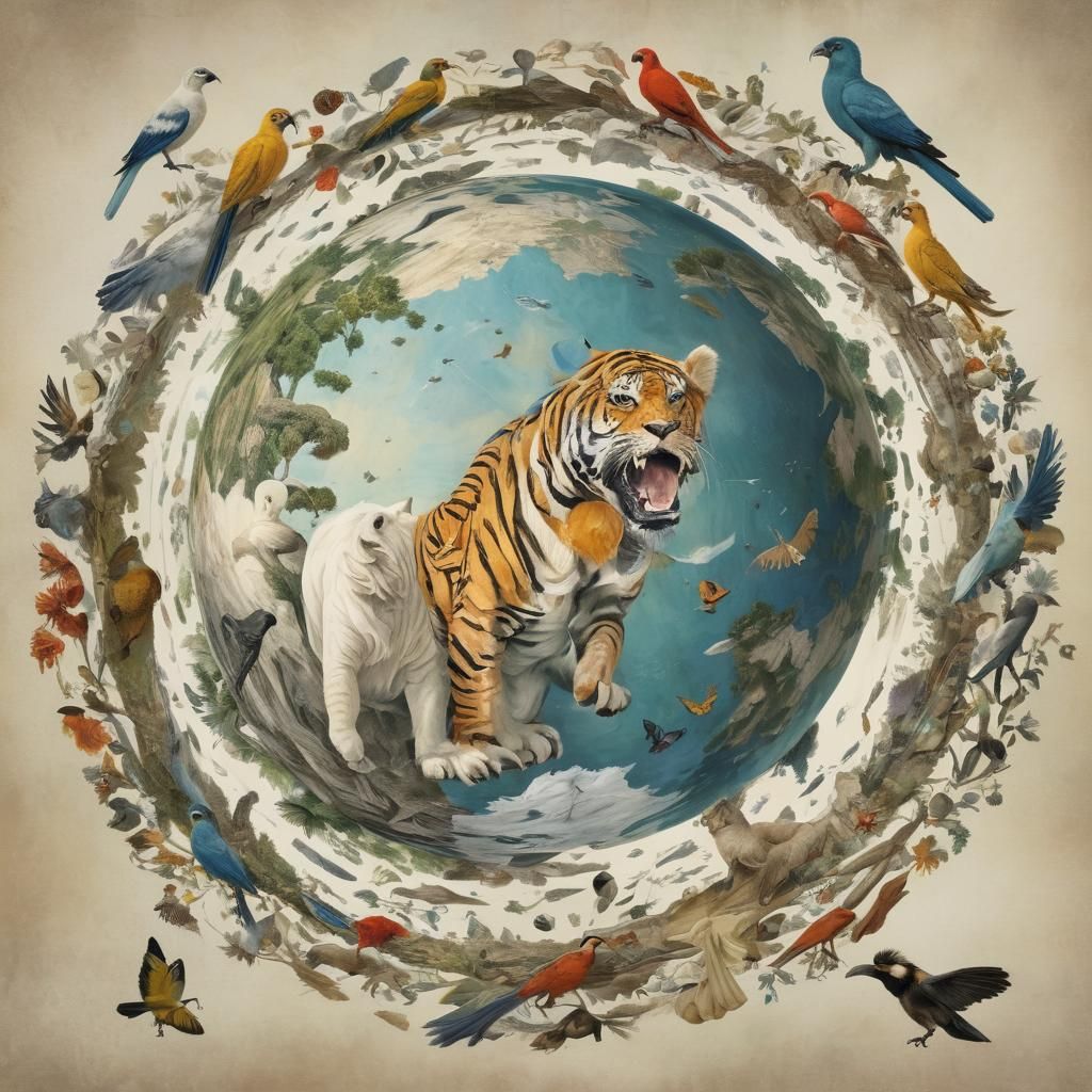 Depict the Earth as a delicate, scarred sphere in the center ...