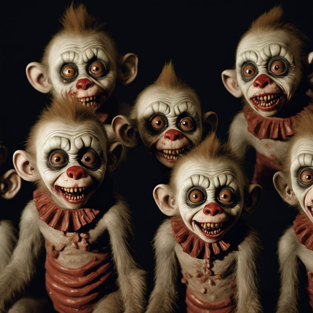 Eerily Lit Zombie Monkey Clown Babies in Macabre D... - AI Art