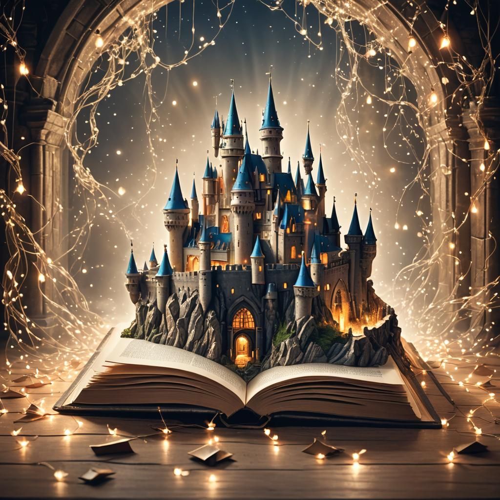 Open book lying on a table with a fantasy castle popping out of the ...