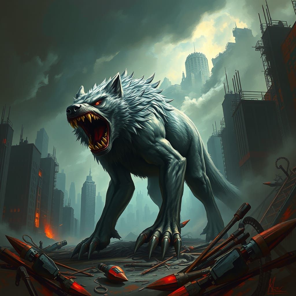 Gigantic Dire-Wolf in Dystopian Ruins - AI Art