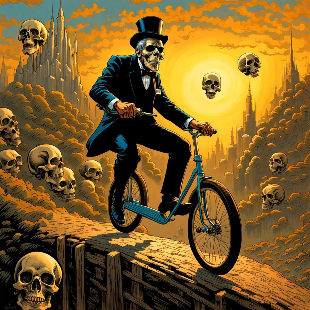 Death riding a unicycle and juggling three skulls Bernie Wrightson ...