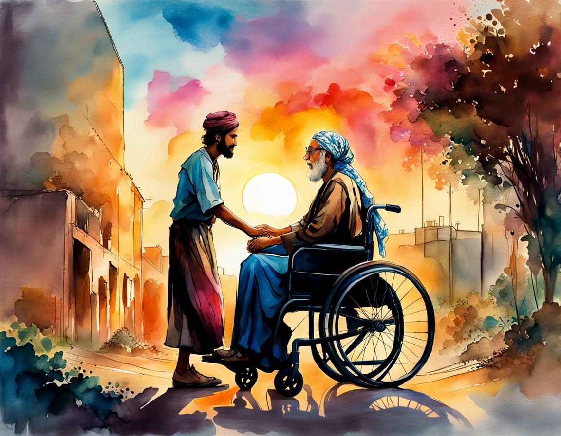 Jesus helps an old Palestinian out of a wheelchair - AI Generated ...