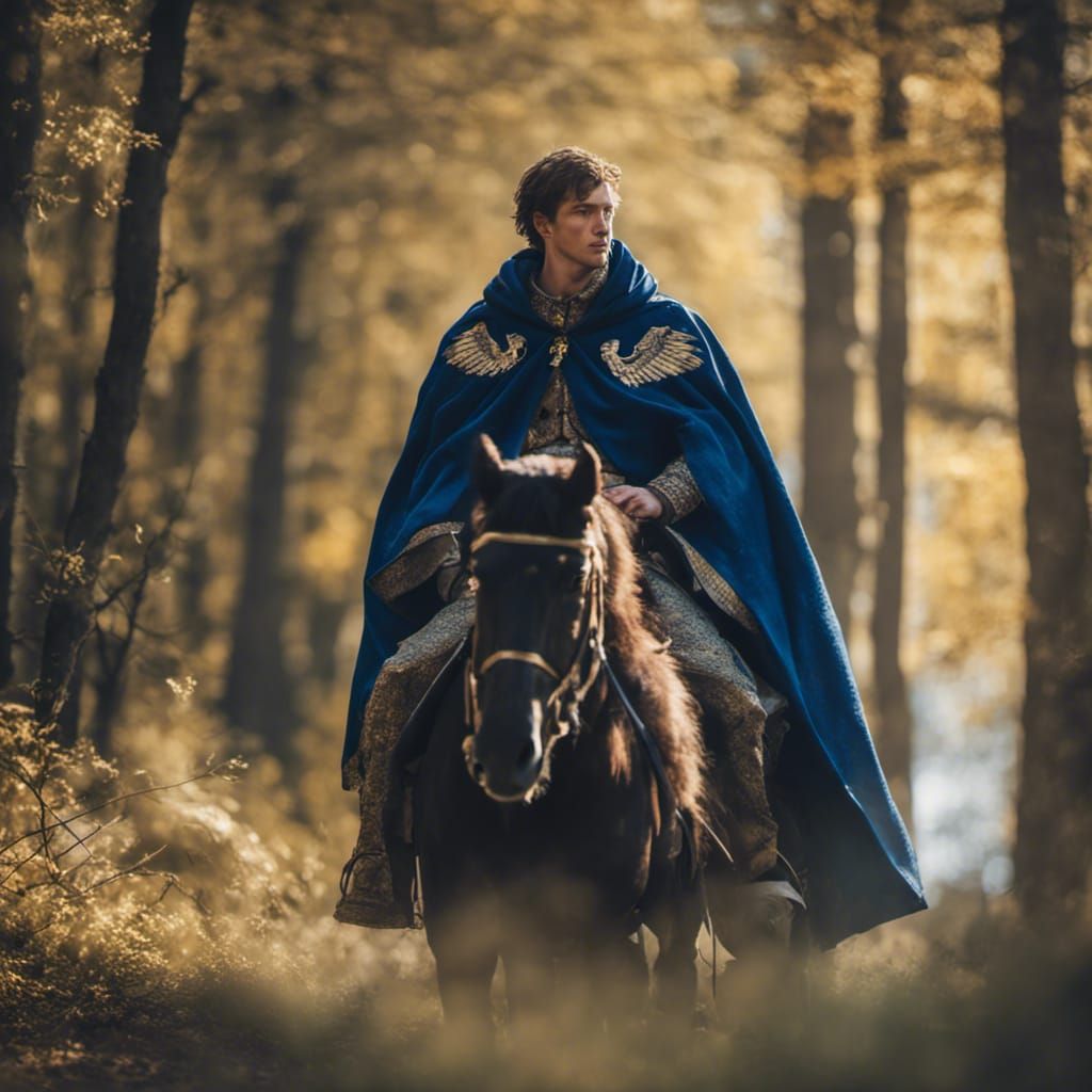 a medieval young man in a blue cloak embroidered with a golden eagle ...