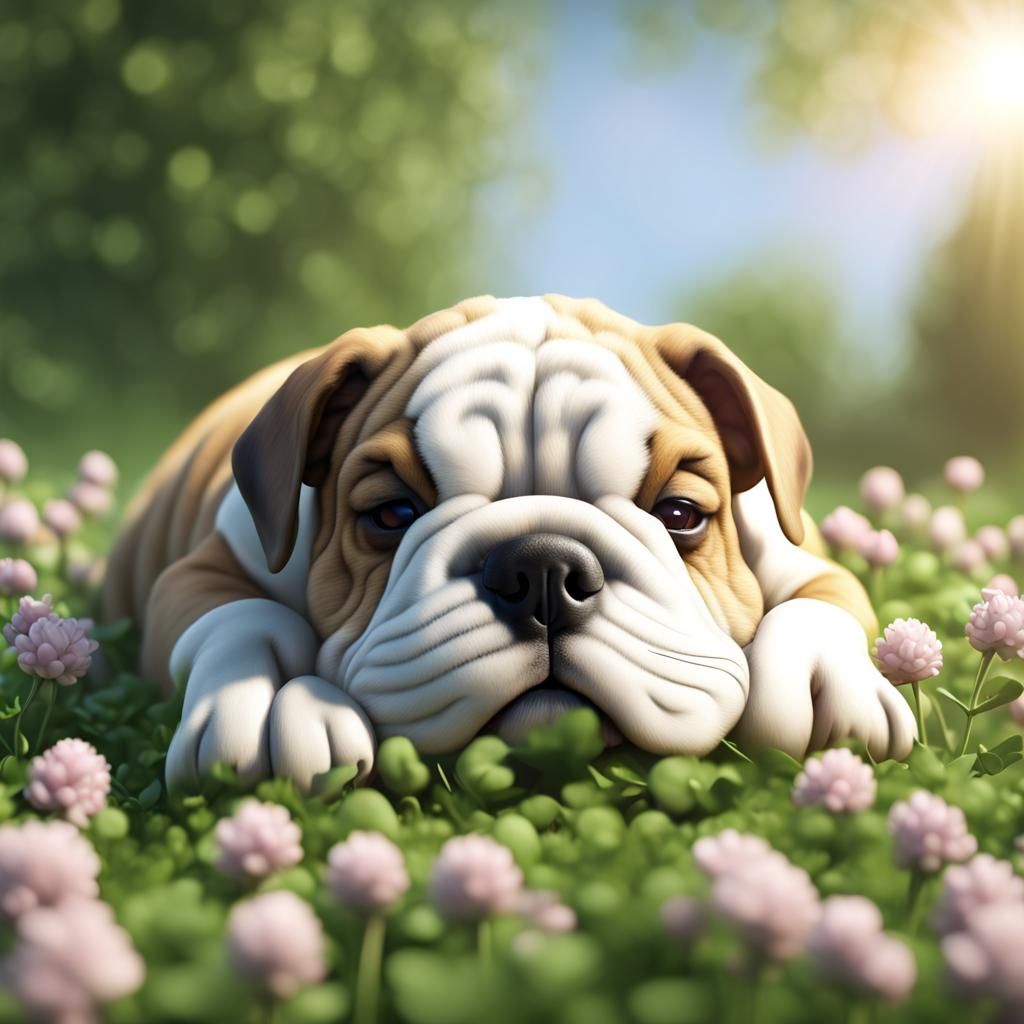 english bulldog puppy laying in clover sleeping, springtime, sunshine ...