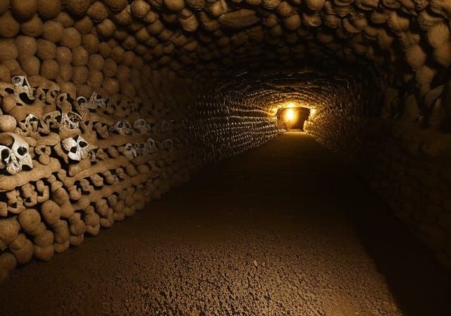 a Dark Dimly Torchlit Catacomb Passage with piles of skulls lining the ...