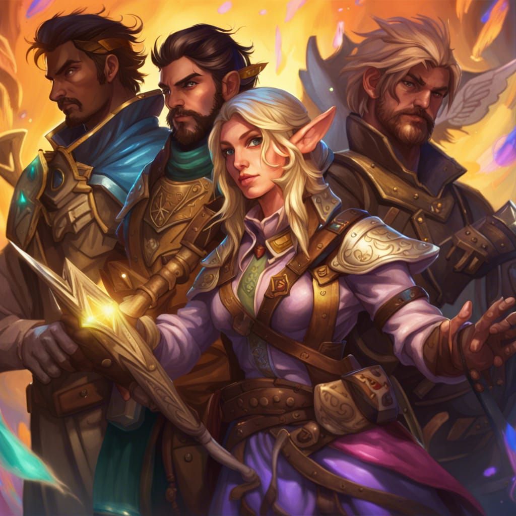 A wanted sign with a male paladin, male bard, female ranger, male ...