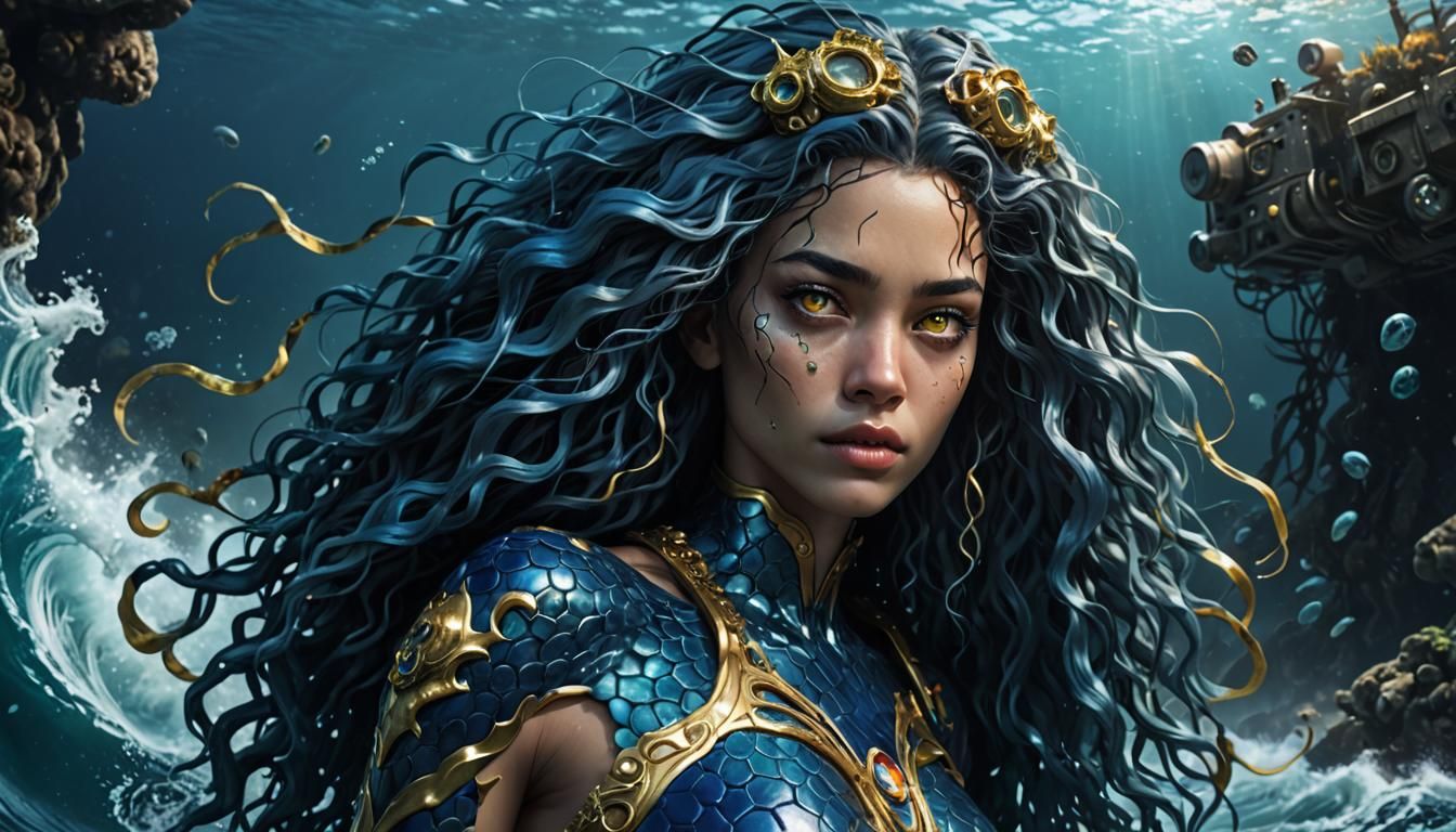 Mermaid creature from the Mariana Trench, long, wavey, curly hair and ...