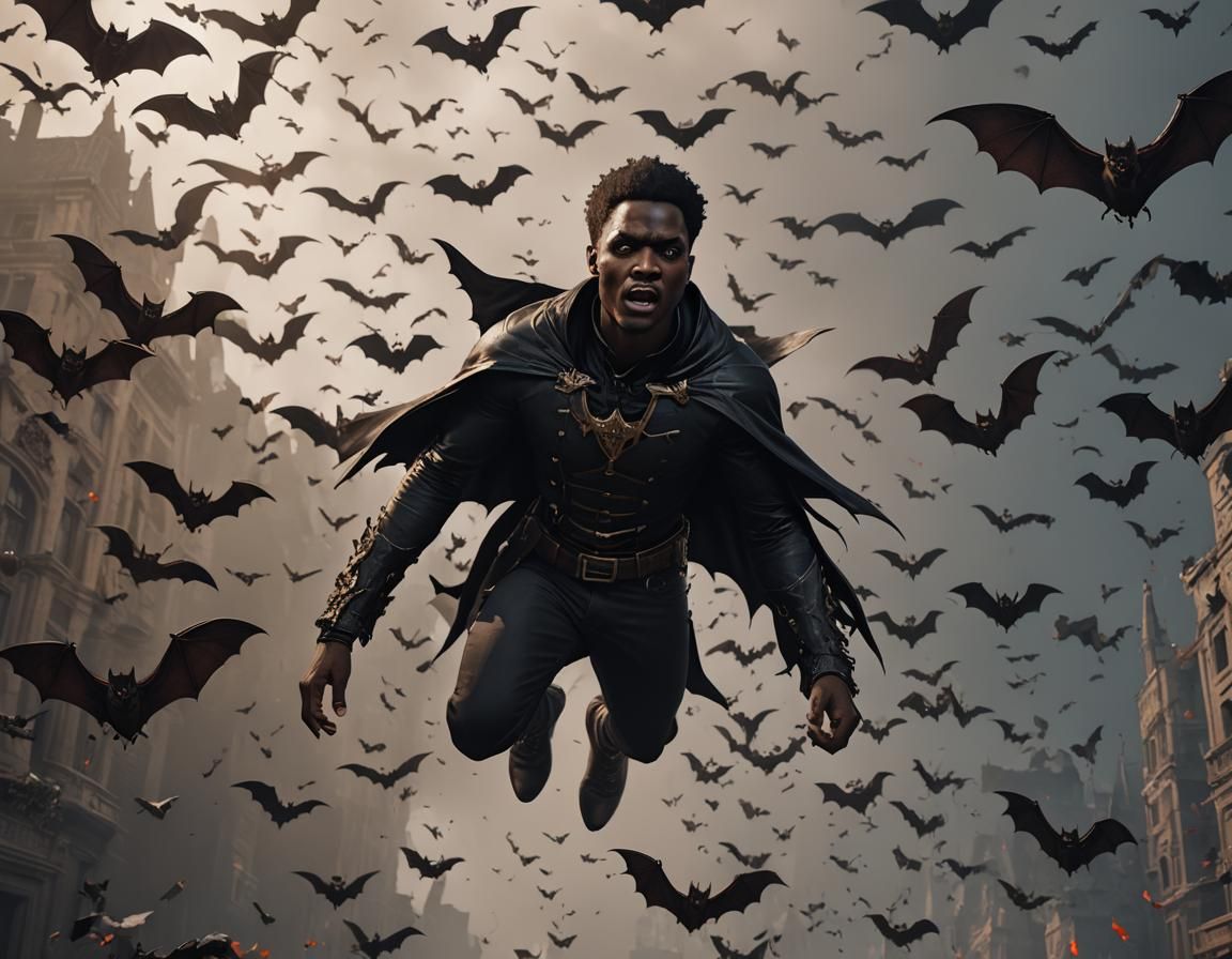 young handsome Black man, transforming from a flock of bats into a ...