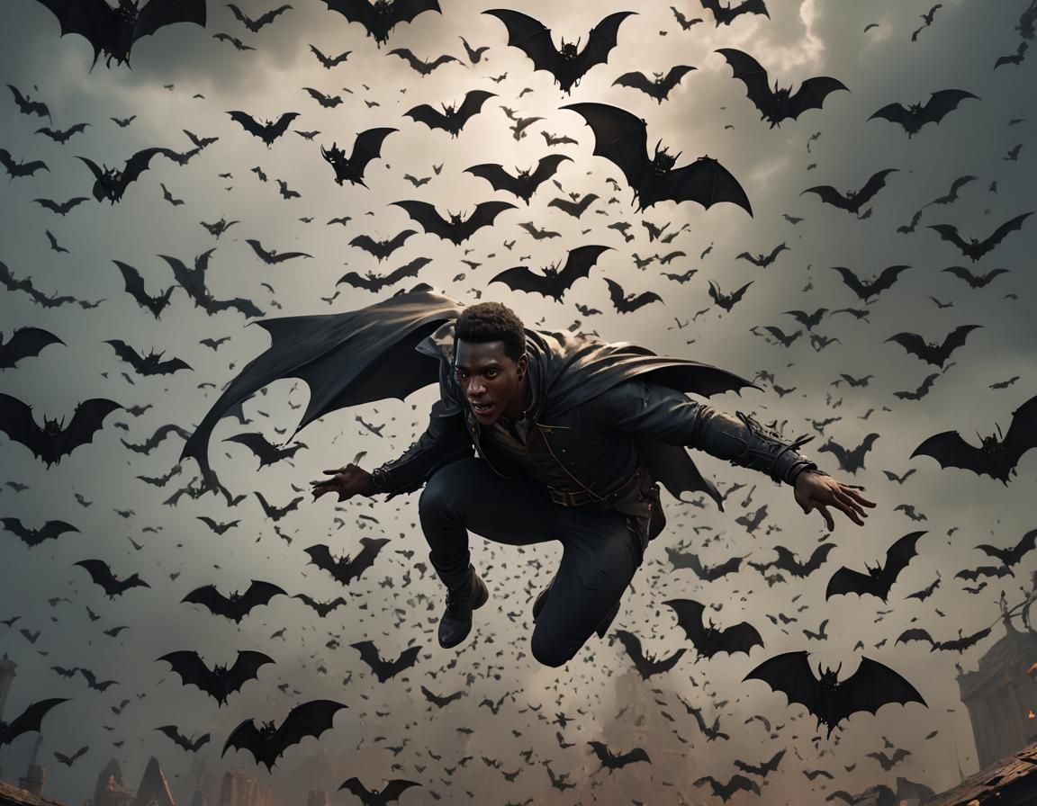 young handsome Black man, transforming from a flock of bats into a ...
