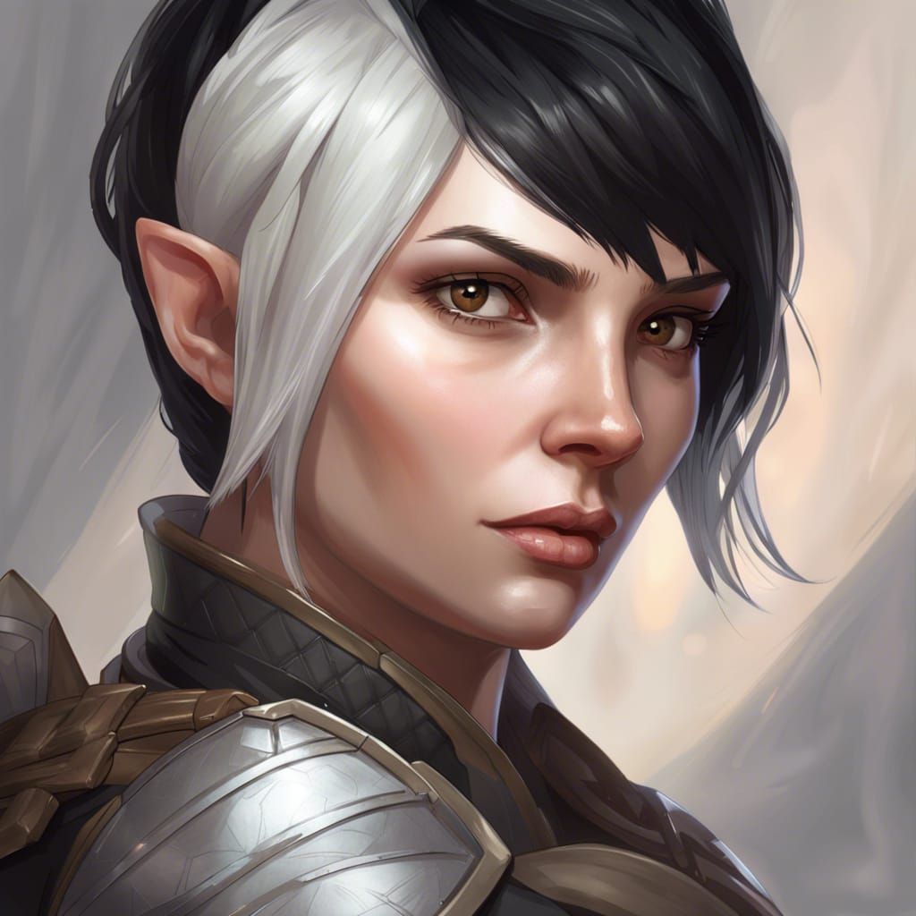 short black hair, braided hair around head, pale white skin, half-elf ...