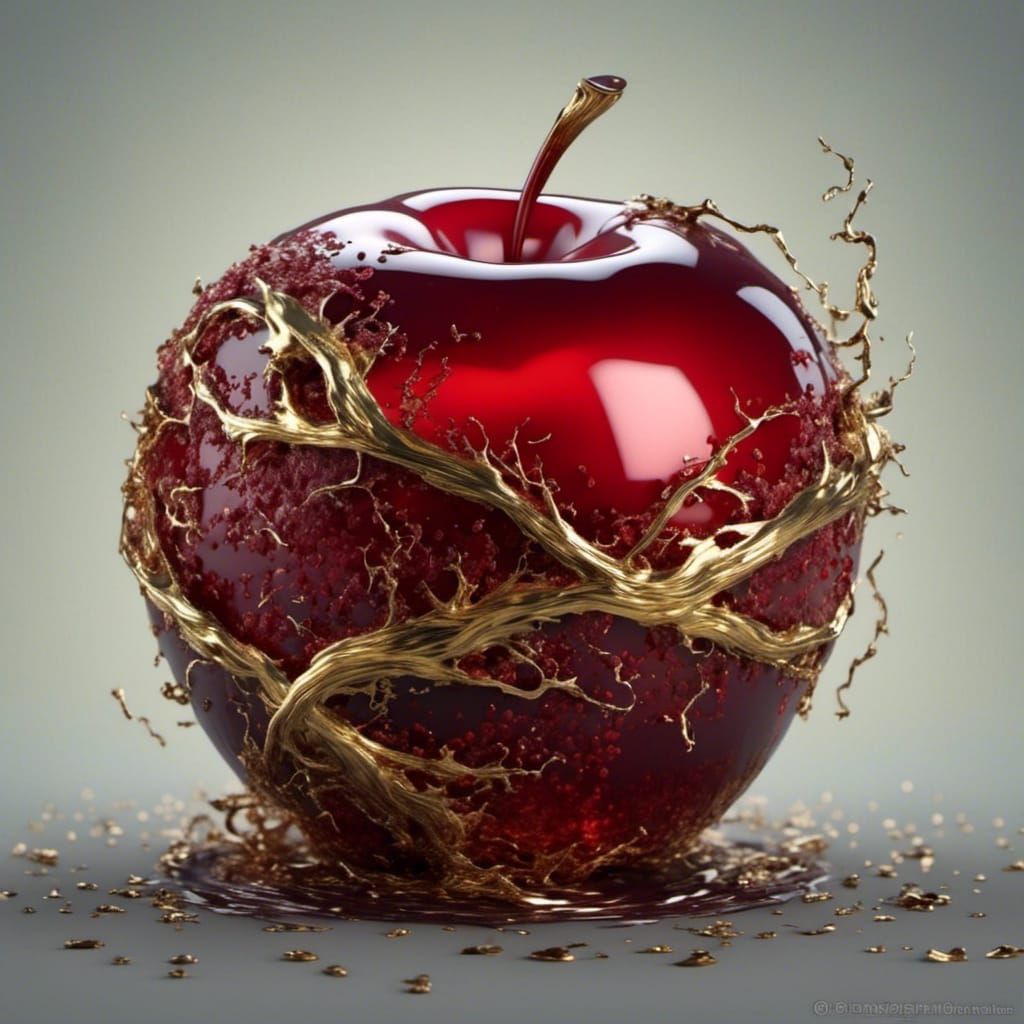 A ruby red apple intertwined with gold, a small black spot to one side ...
