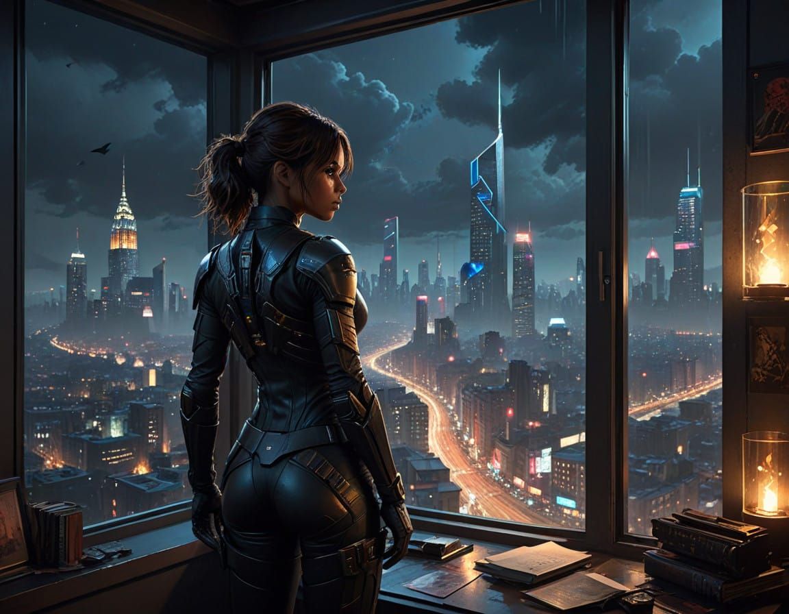 Ready for War - Sleek Assassin in Neon Cityscape