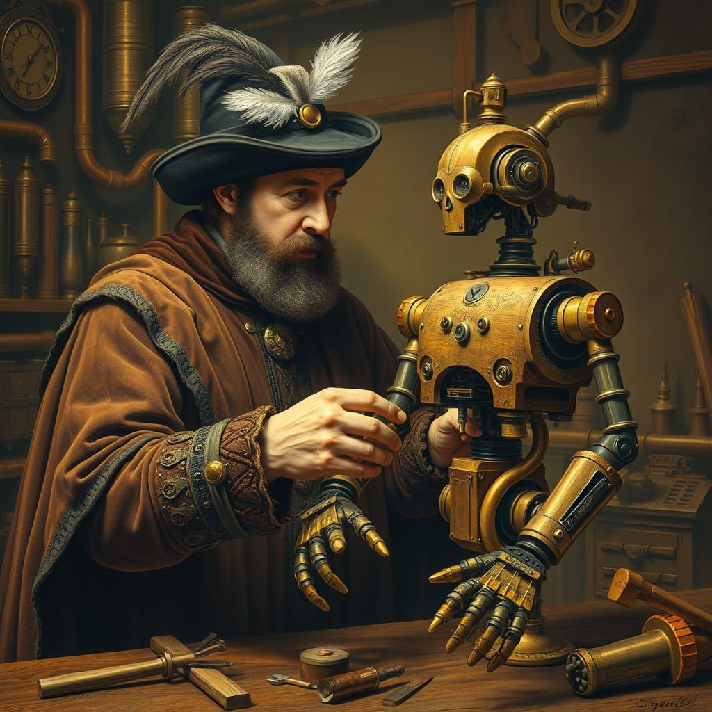 Durer-style illustration print of an AI inventor creating an AI making ...