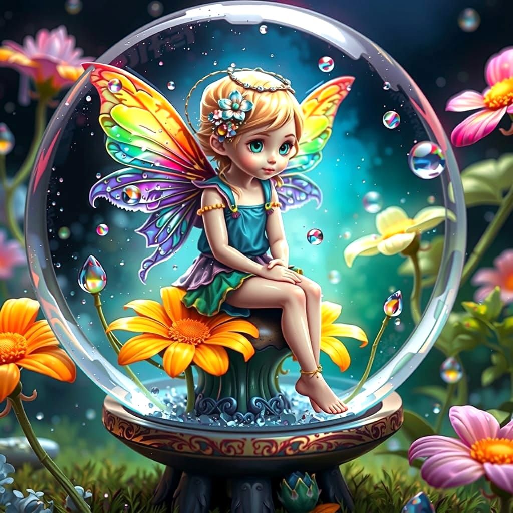 Macro photography of a tiny fairy sitting on a flower in an hourglass garden . Dew drops reflect ...